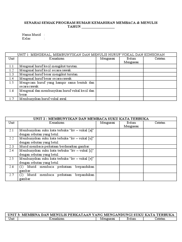 Senarai Semak Program Rumah Kemahiran Membaca | PDF