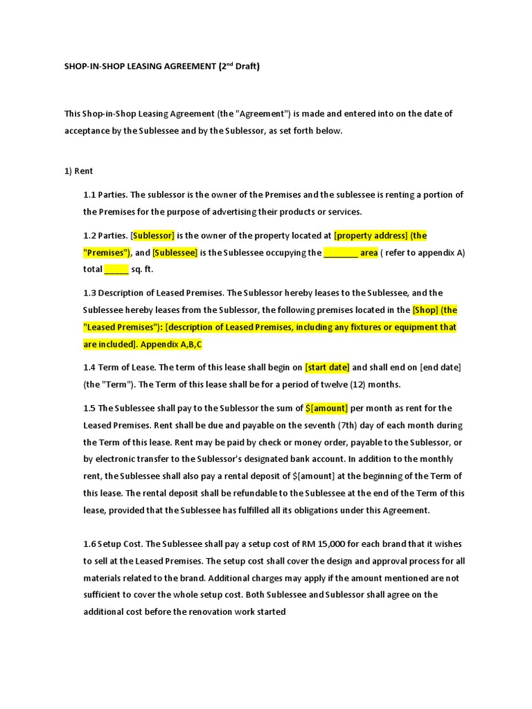 Shop-in-Shop Leasing Agreement Draft | PDF | Lease | Renting