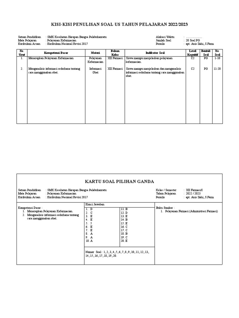 Kisi2 Dan Jawaban PelFar XIIF PTS | PDF