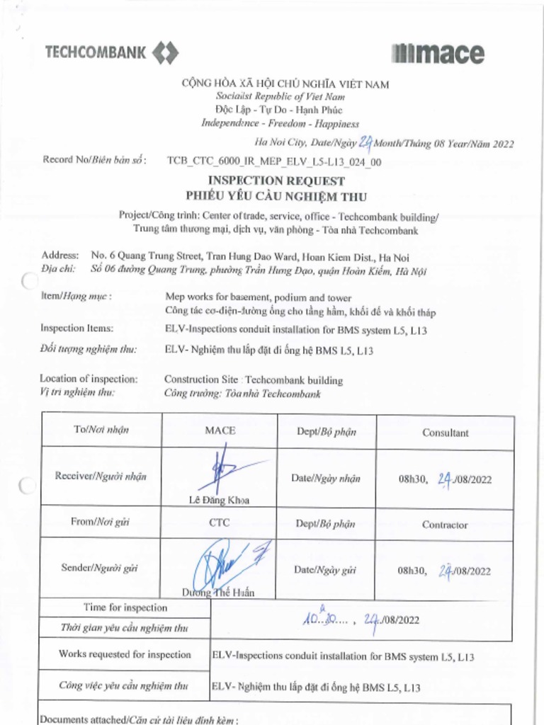 Tcb Ctc 6000 Ir Mep Elv l5-l13 024 00 Nghiệm Thu Đi Ống Hệ Bms l5,l13 | PDF