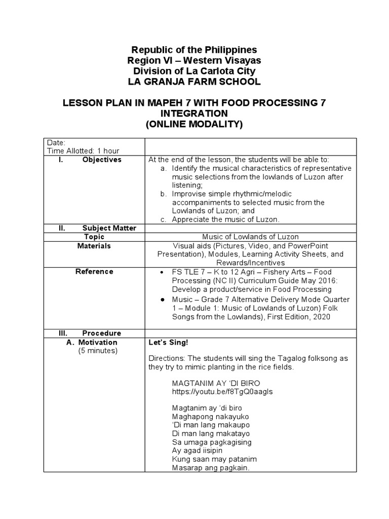 MAPEH 7 Lesson Plan: Food Processing Integration | PDF | Songs | Folk Music