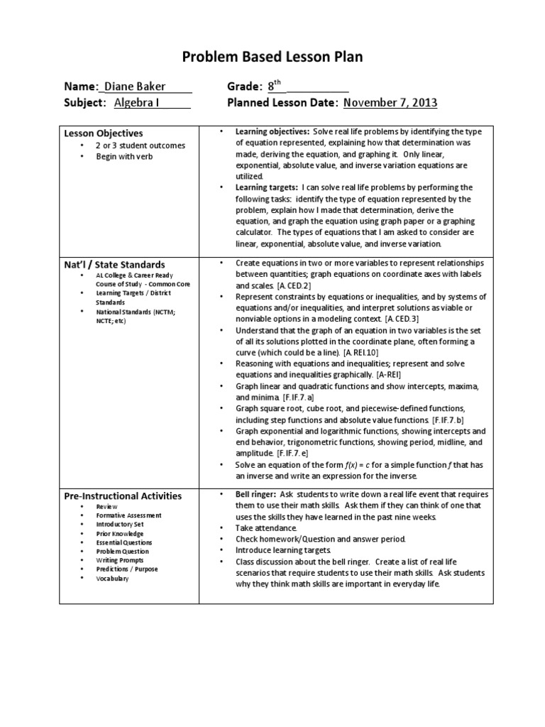 Problem Based Lesson Plan 2 | PDF | Equations | Teaching Method