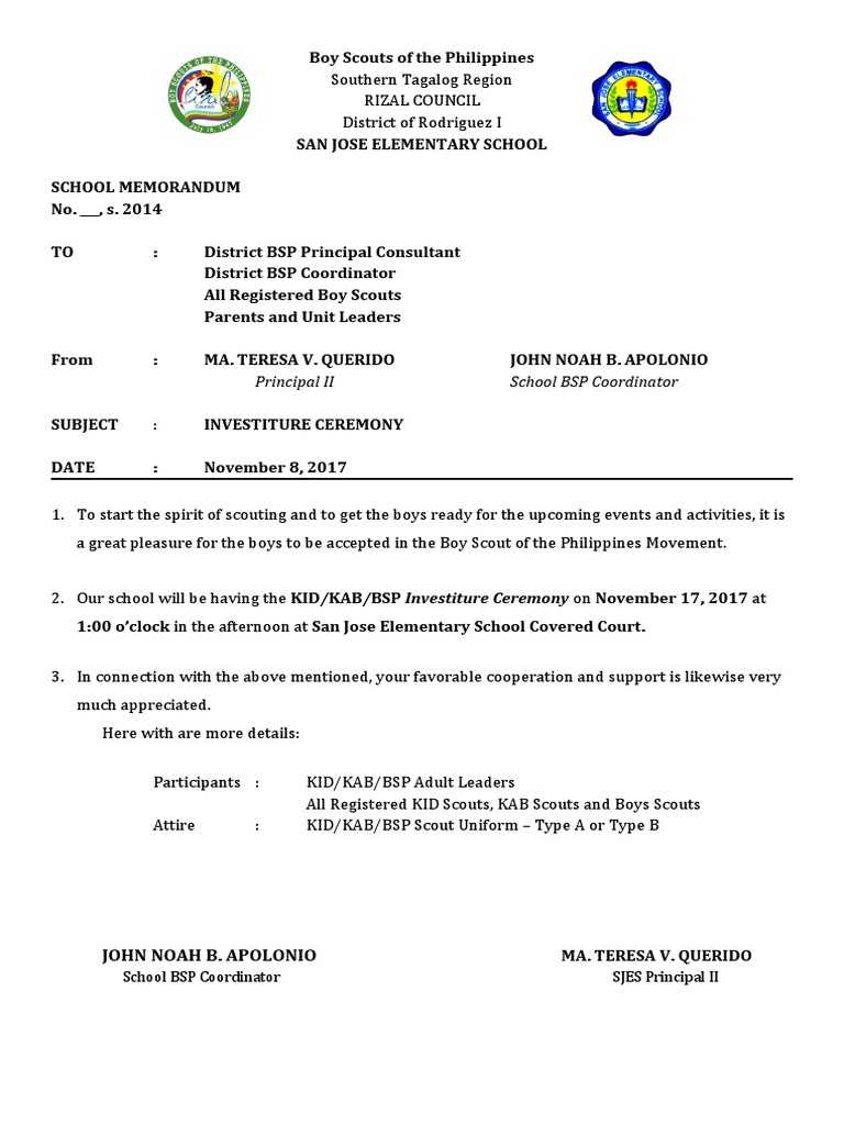 BSP Investiture Memo | PDF | Scouting | Youth Movements