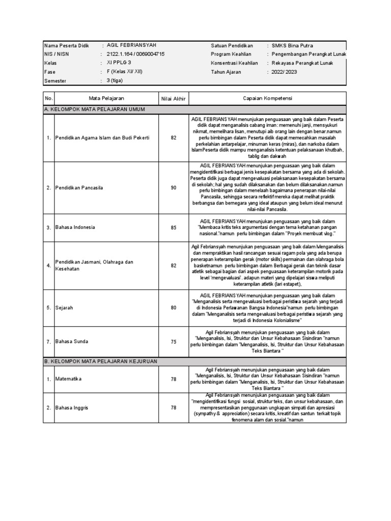 Rapot Kelas XI PPLG 3 (1) - 1-76 | PDF | Karier & Perkembangan