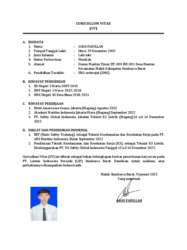 CV Anas Fadillah: Teknisi K3 Listrik | PDF