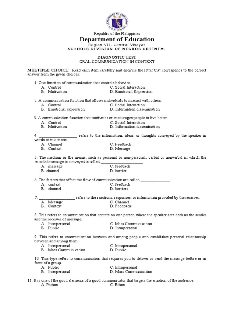 Grade 11 Oral Communication Test Key | PDF | Communication | Cognitive ...
