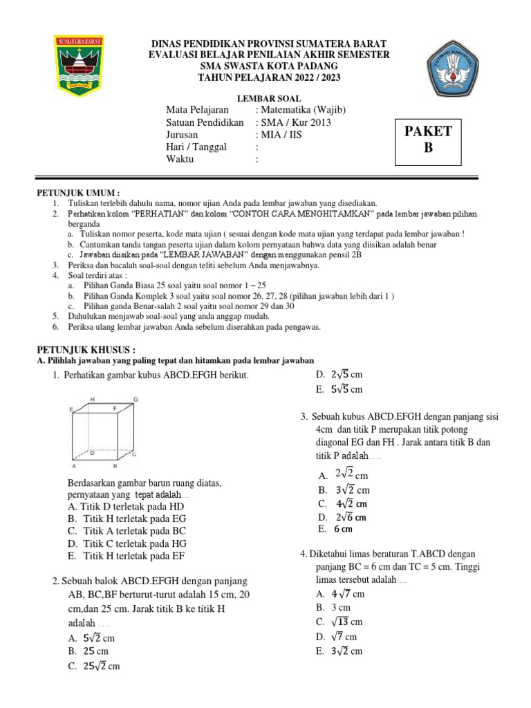 Soal Pas Ganjil 2022 Xii MTK Wajib Paket B | PDF