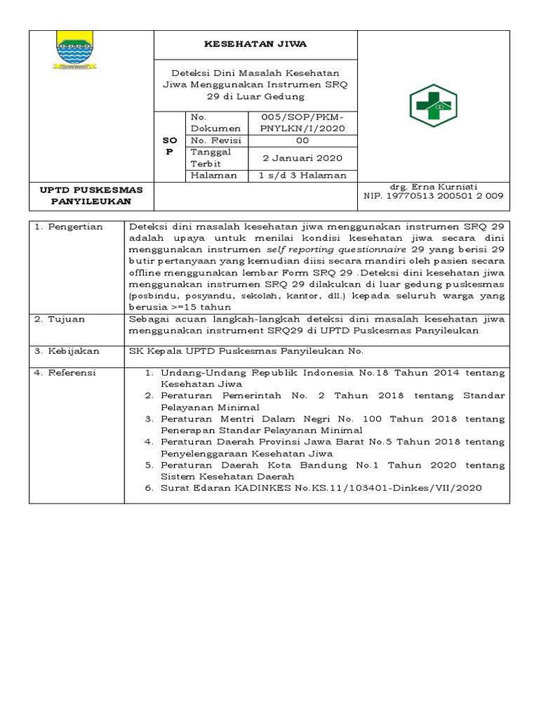 SOP Deteksi Dini Masalah Kesehatan Jiwa Menggunakan Instrumen SRQ 29 Luar Gedung Fix | PDF