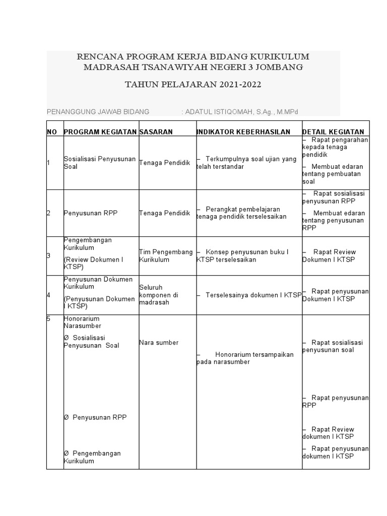 Rencana Program Kerja Bidang Kurikulum | PDF