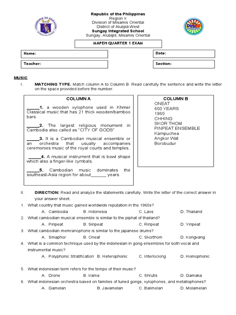 MAPEH GRADE 8 Diagnostic Test 2019 | PDF | Gender | Gender Studies