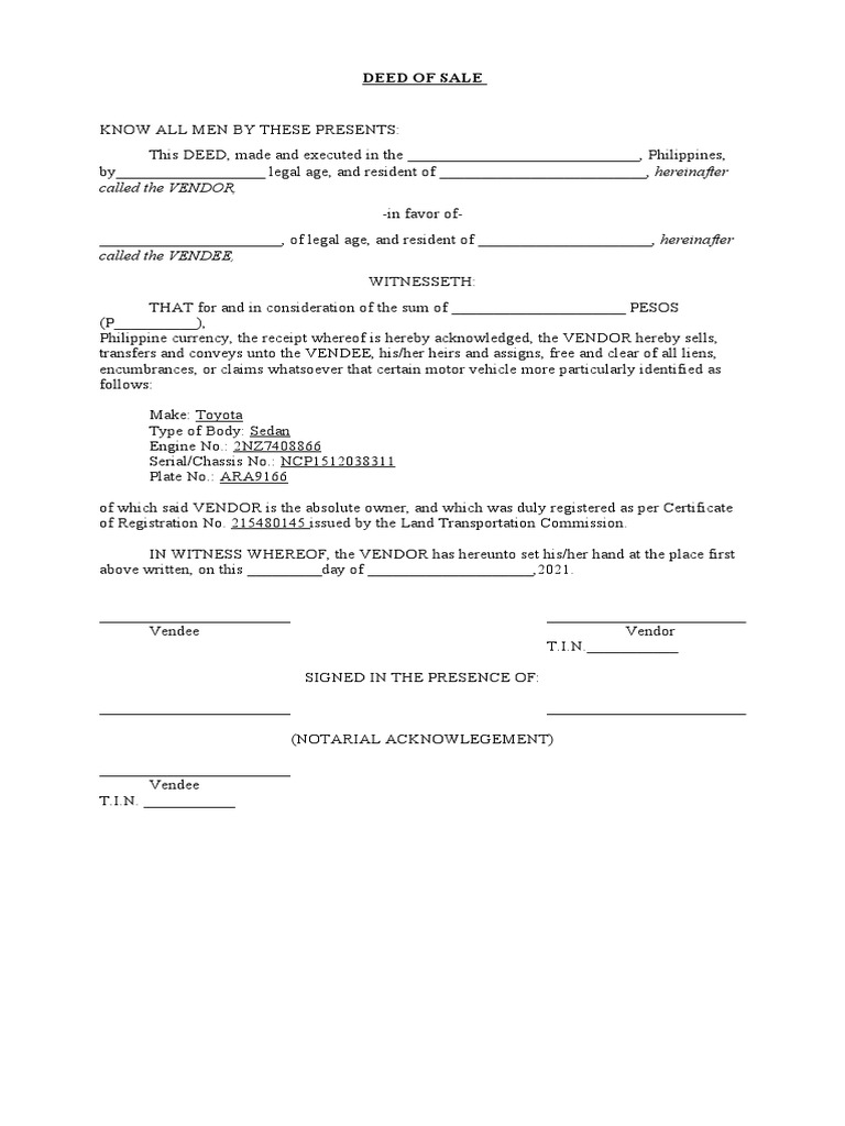 Deed of Sale of Car Vehicle-Format | PDF | Finance & Money Management