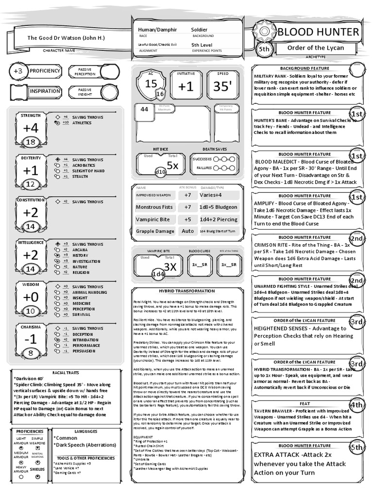 D&D Fighter: Dr. Watson Character Sheet | PDF | Role Playing Games