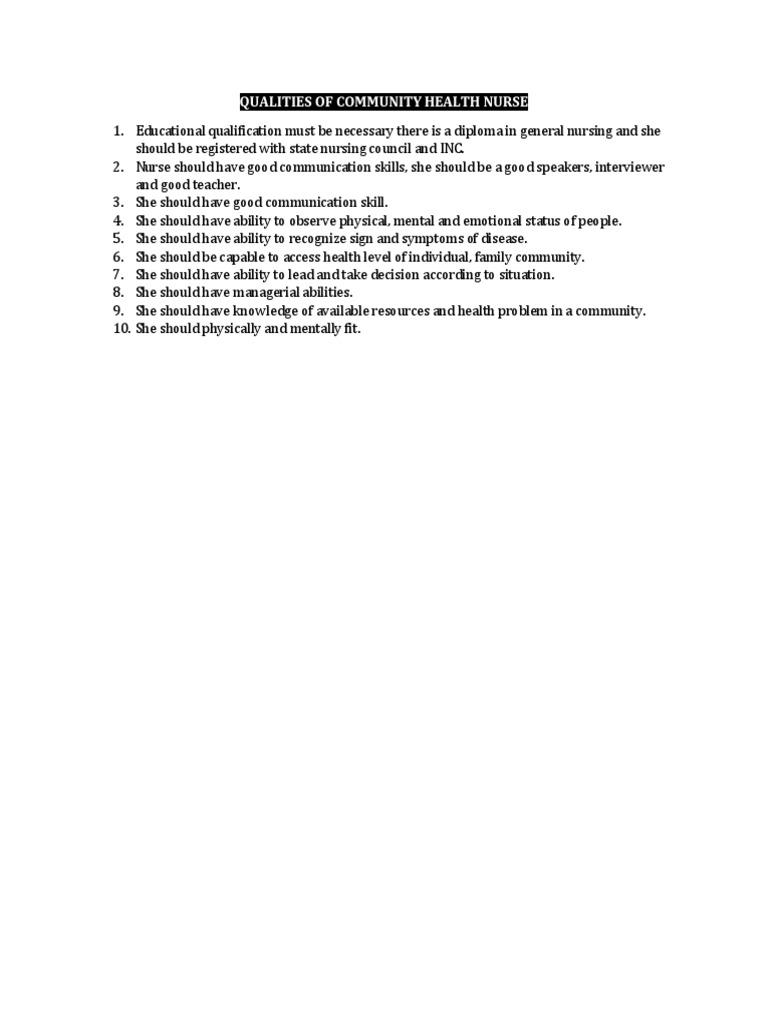 Qualities of Community Health Nurse | PDF