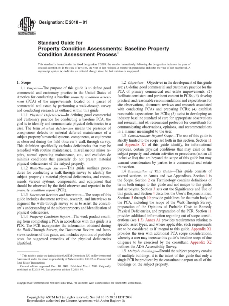 ASTM E2018-01 Standard Guide For Property Condition Assessments Baseline Property Condition ...