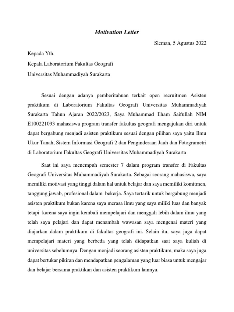 Motivation Letter - Muhammad Ilham Saifullah - E100221093 | PDF | Ilmu ...