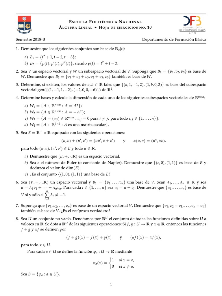 HojaEjercicios Algebra 10 | PDF | Base (álgebra lineal) | Física