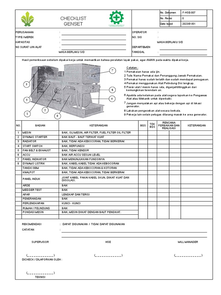 Form Checklist Inspeksi Genset | PDF