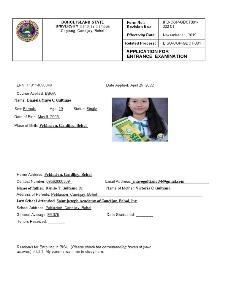 Application Form For Entrance Exam - PDF BISU | PDF