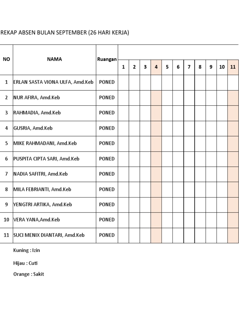 Rekap Absen Bulan September (26 Hari Kerja) | PDF
