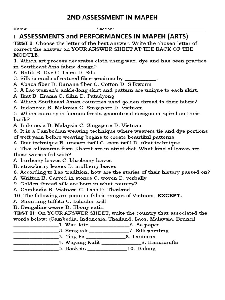 2nd Assessment in Mapeh | PDF | Weaving | Textiles
