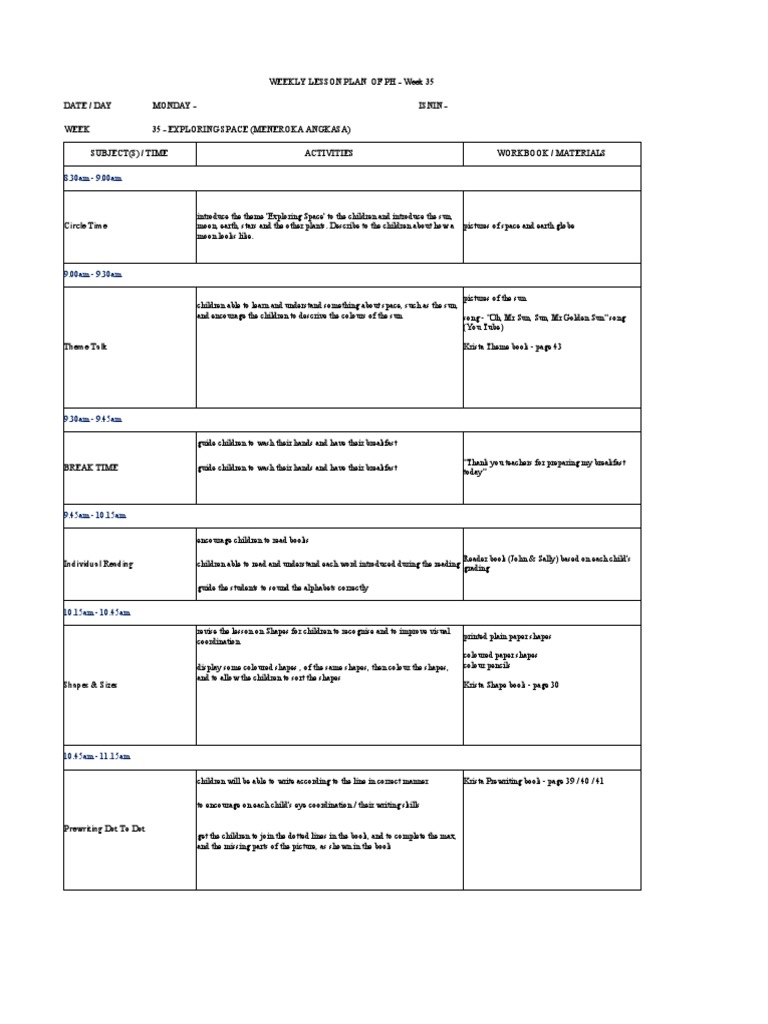 Krista Lesson Plan PH - Week 35 | PDF | Books | Phonics