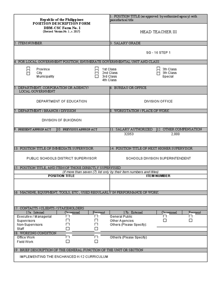 DBM CSC Form No. 1 Position Description Forms HT | PDF | Teachers ...