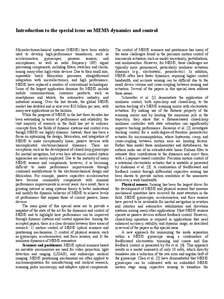 Introduction To The Special Issue On MEMS Dynamics and Control | PDF | Control Theory ...