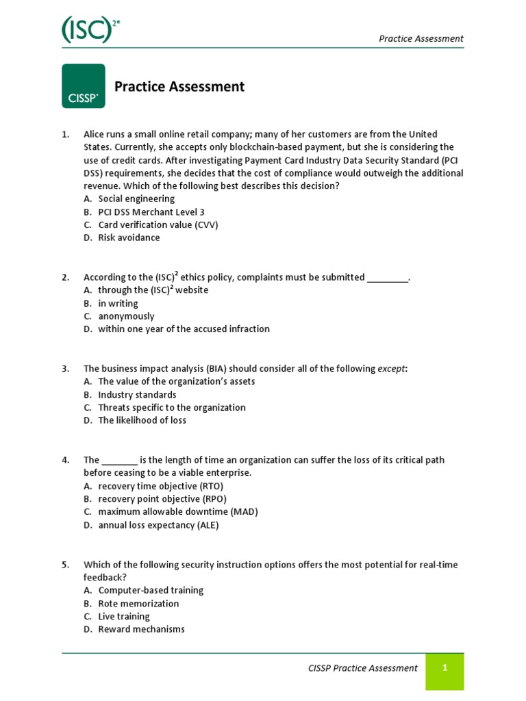 Cissp Practice Assessment Without Answers Pdf Computer Network Osi Model