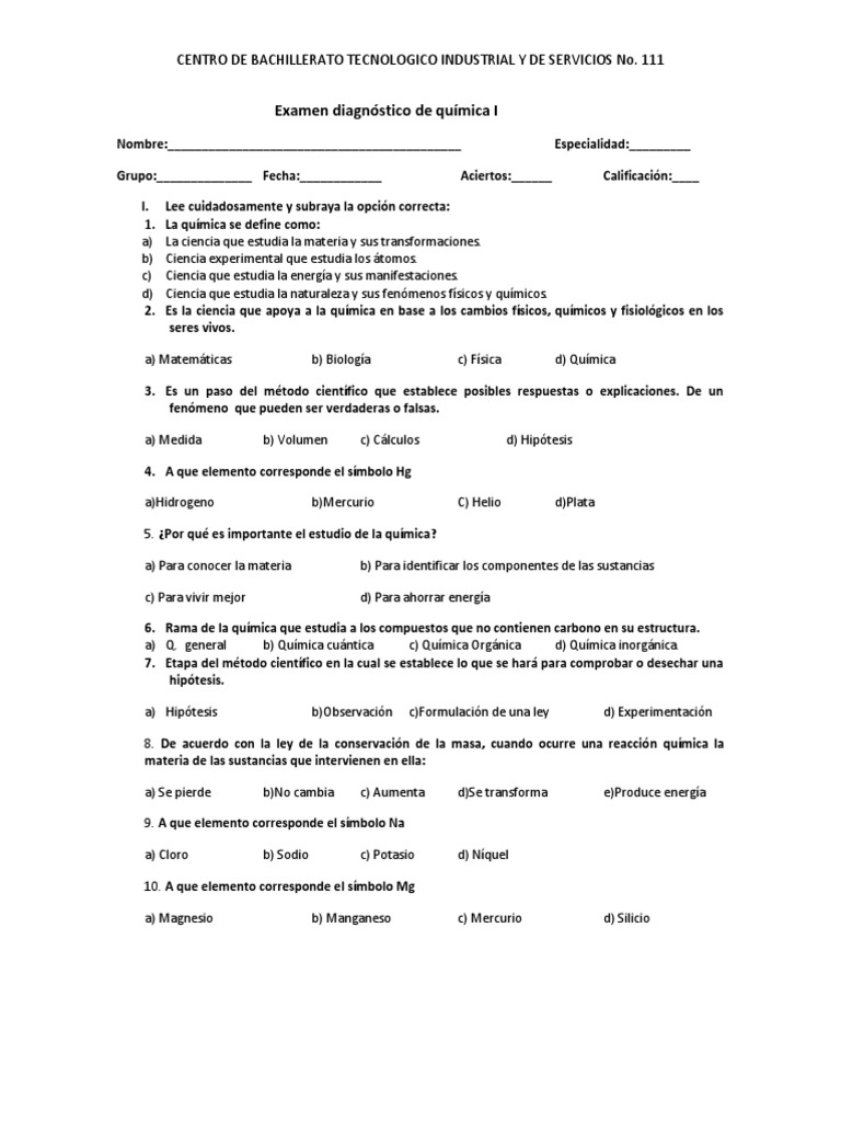 Examen Diagnostico de Quimica I - Compress | PDF | Química | Importar