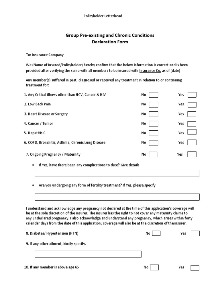 Group Declaration Form - NGI | PDF | Insurance | Chronic Condition