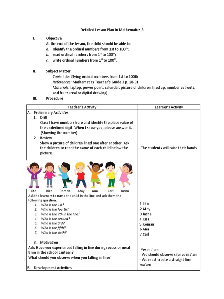 Grade 3 Ordinal Numbers Lesson Plan | PDF | Lesson Plan