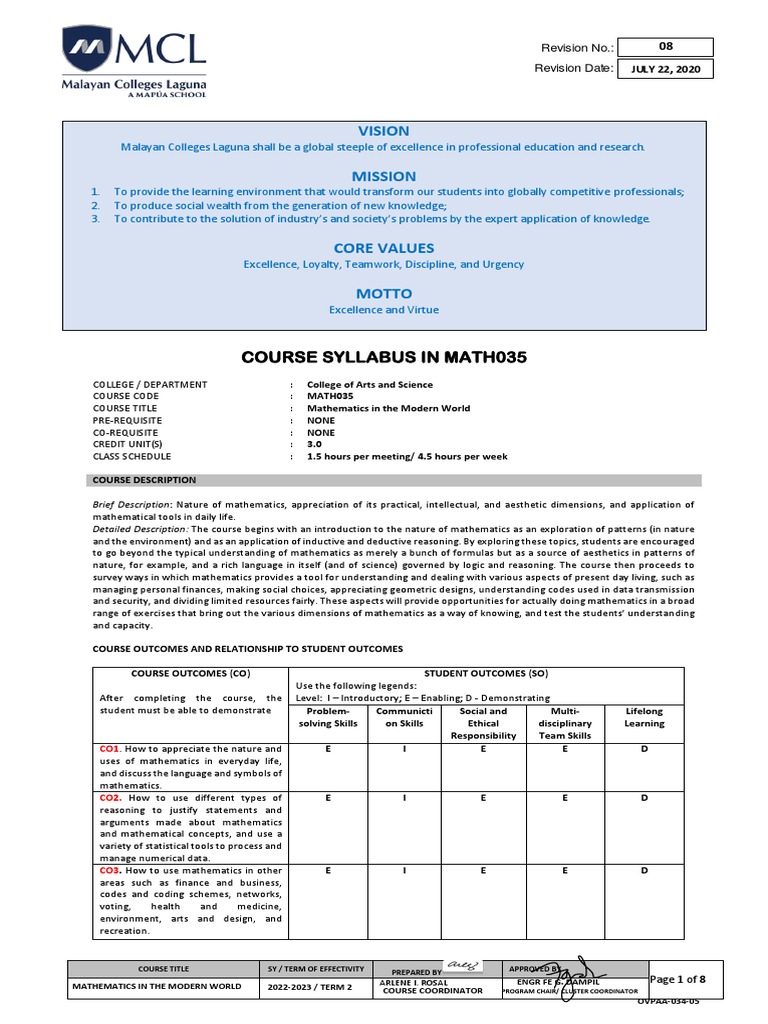 MATH035 - Course Syllabus | PDF | Mathematics | Linear Programming