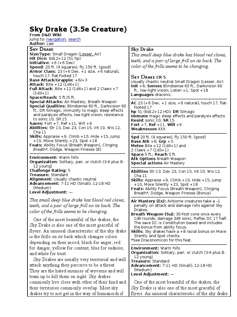 Sky Drake 5e Stat Block | PDF | Dungeons & Dragons | Role Playing Games