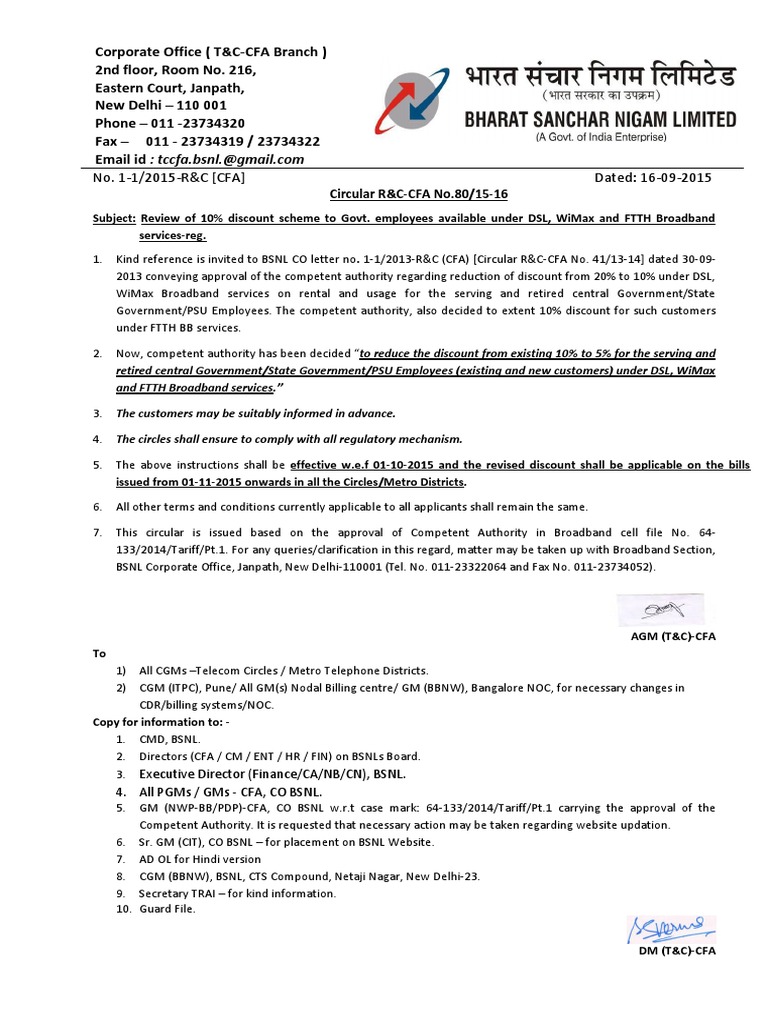 10 Percent DISCOUNT BSNL 16092015e | PDF | Telecommunications Equipment | Broadband