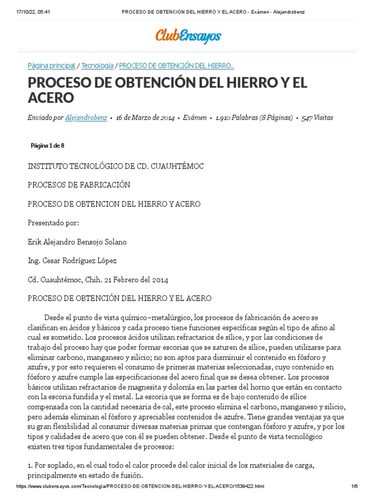 PROCESO DE OBTENCIÓN DEL HIERRO Y EL ACERO - Exámen - Alejandrobenz | Descargar gratis PDF ...