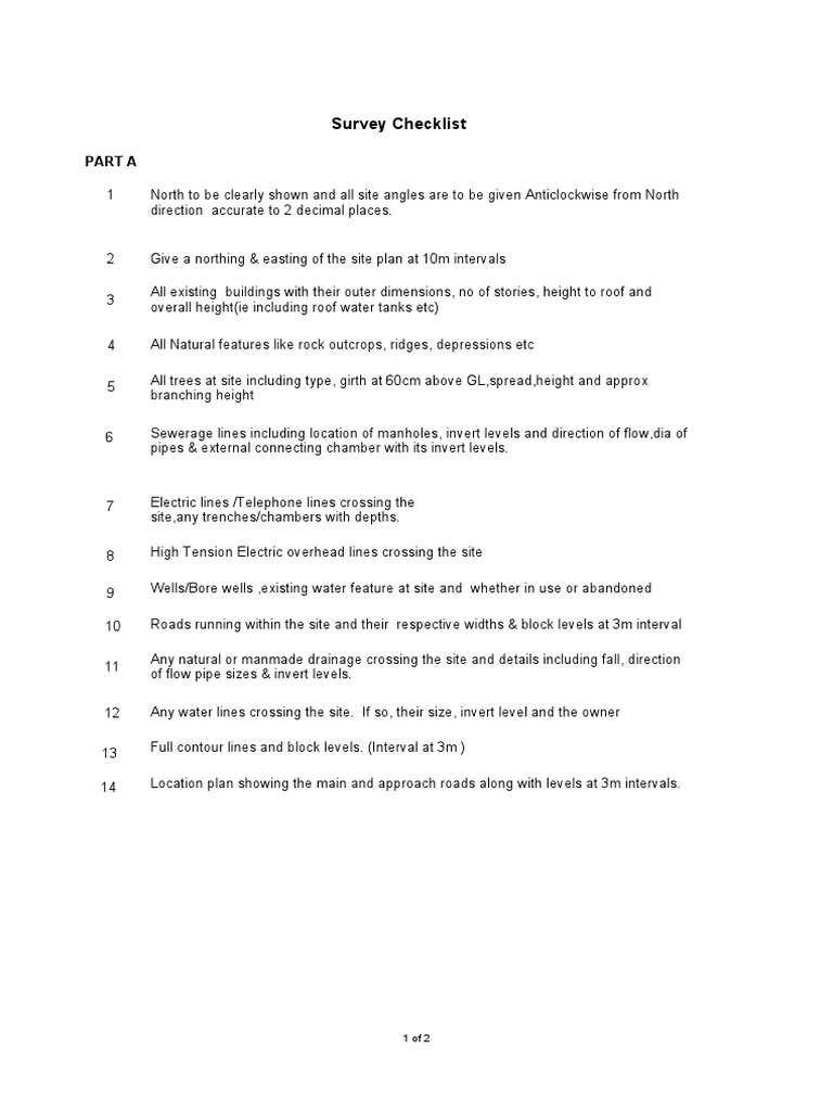 Checklist For Exisitng Survey | PDF | Civil Engineering