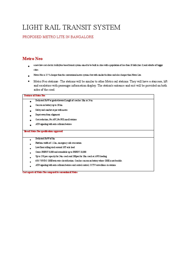 Metro Lite and Metro Neo Summary | PDF | Rapid Transit | Public Transport