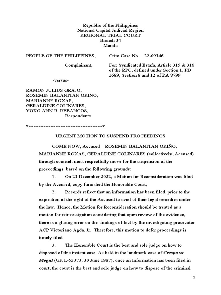 Motion To Suspend Proceedings | PDF | Prosecutor | Criminal Law