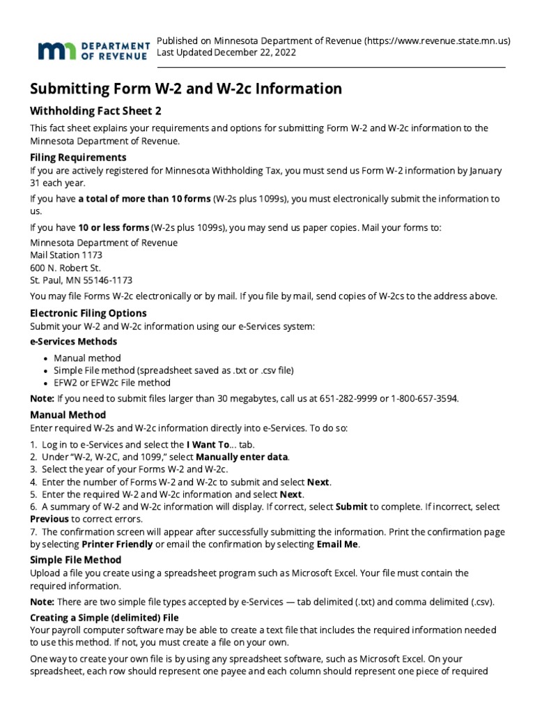Submit W-2 and W-2c to Minnesota Revenue | PDF | Irs Tax Forms | Comma ...
