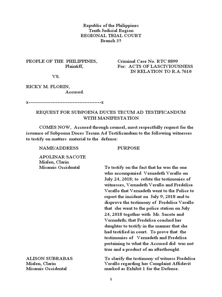 Request For Subpoena DTAT | PDF | Witness | Subpoena Duces Tecum