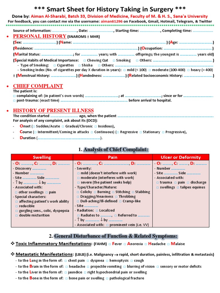 Smart Sheet For History Taking in Surgery | PDF | Ischemia | Paresthesia