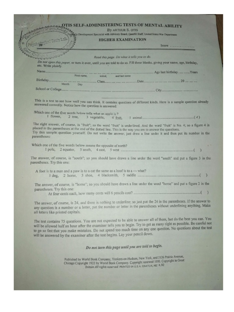 Otis Quick Scoring Mental Ability Test | PDF