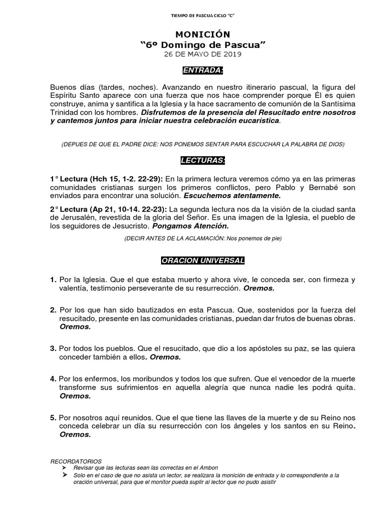 Monición y Lecturas 6º Domingo de Pascua | PDF | Misa (liturgia ...