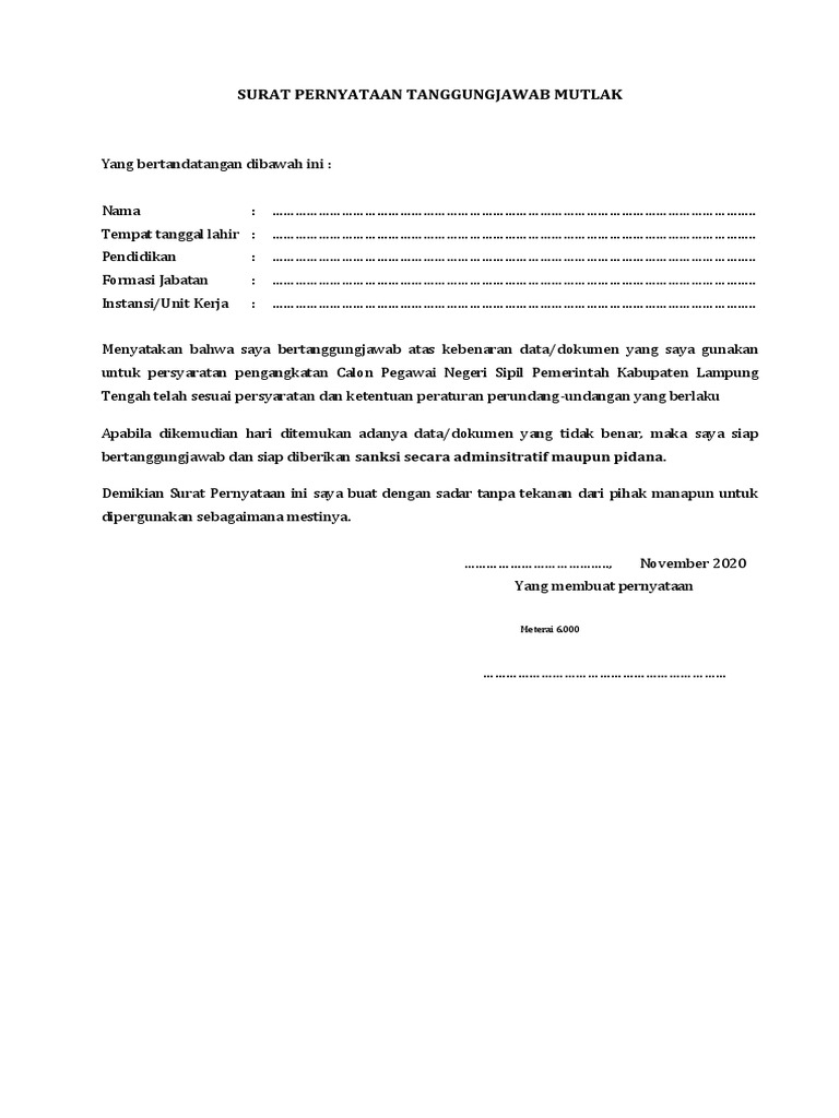 Surat Pernyataan Tanggungjawab Mutlak | PDF