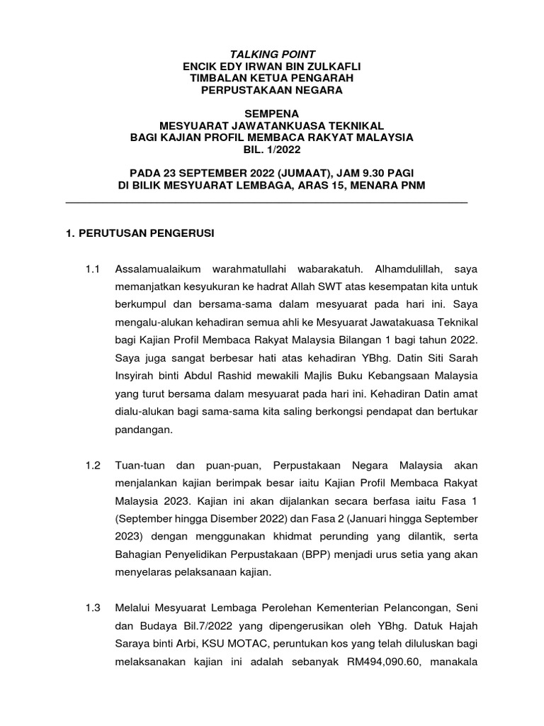 Talking Point Mesyuarat JK Teknikal Kajian Profil Membaca Bil.2 - 2022 ...