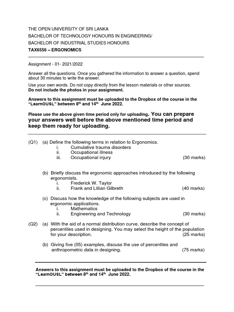 Ergonomics Assignment Guidelines 2021 | PDF | Art | Technology & Engineering