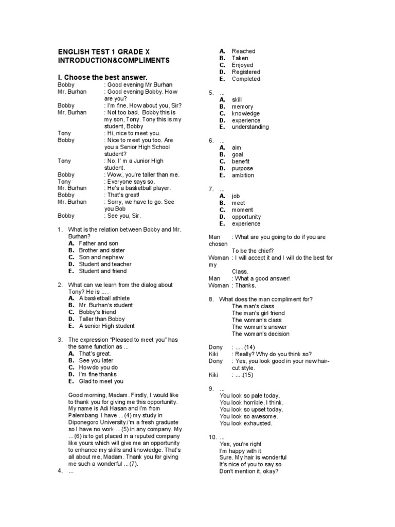 ENGLISH TEST 1 GRADE X introducing&compliments | PDF