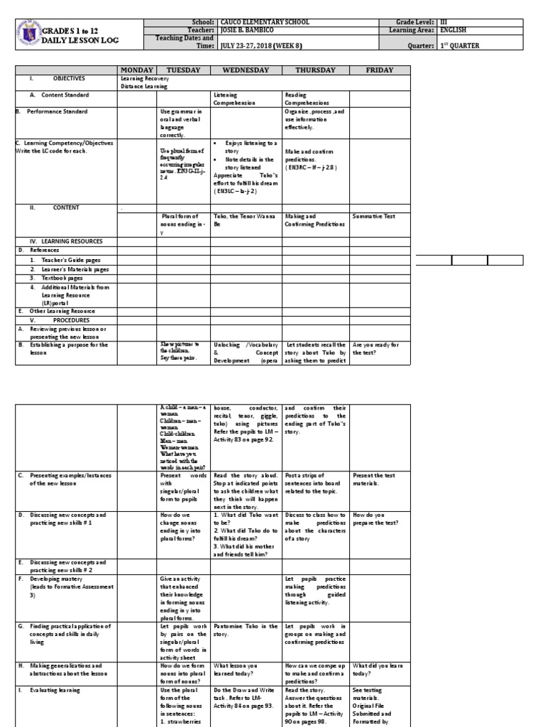 DLL - English 3 - Q1 - W8 | PDF | Learning | Plural