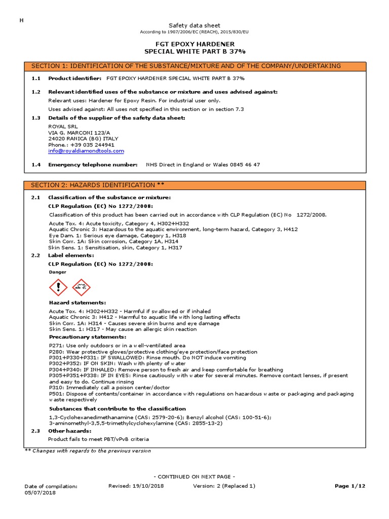 En - FGT Epoxy Hardener Special White Part B 37% - CLP | PDF | Personal ...