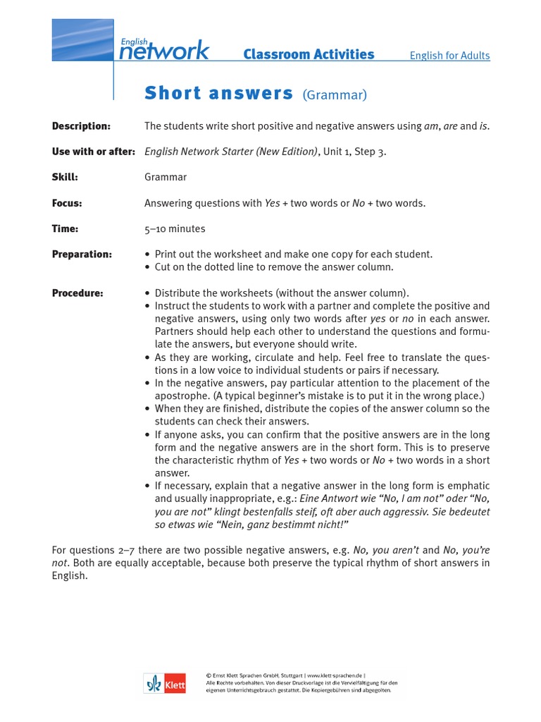 Short Answers Activity for Adults | PDF | Human Communication ...